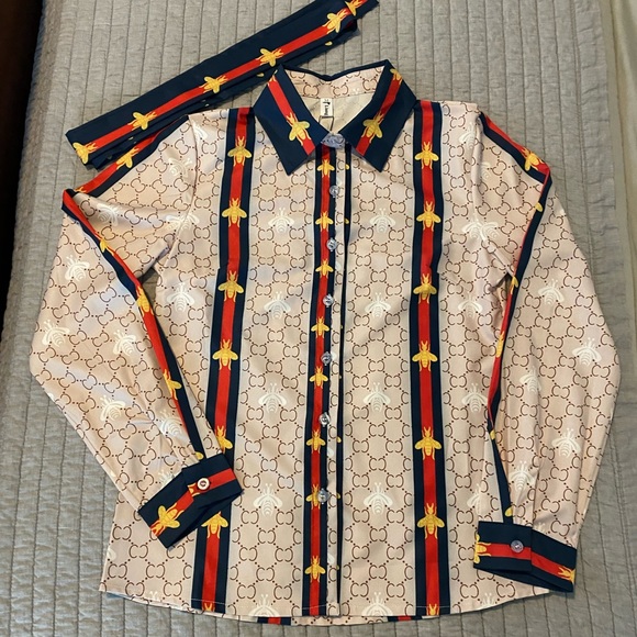 Tops | Lei Meng Button Up With Scarftie | Poshmark